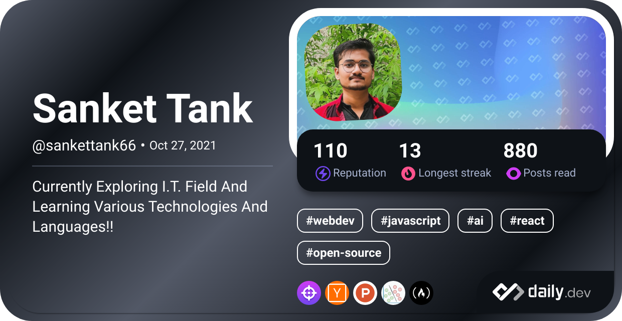 Sanket Tank (@sankettank66) | daily.dev