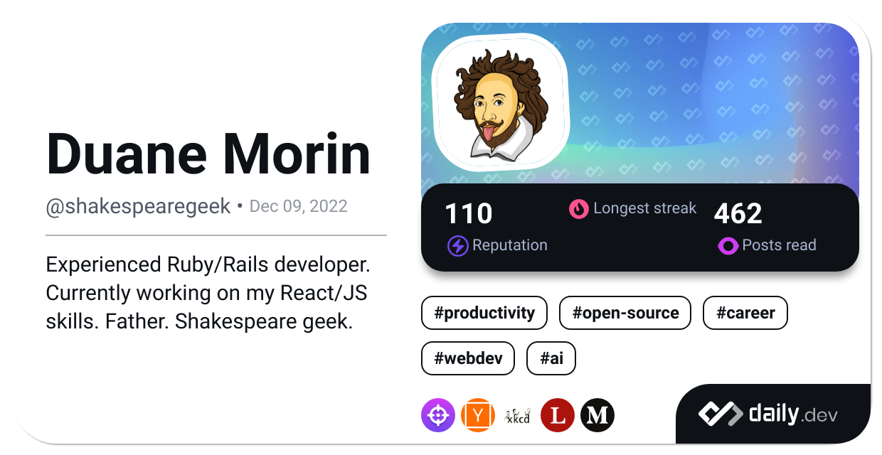 Duane Morin (@shakespearegeek951) | daily.dev