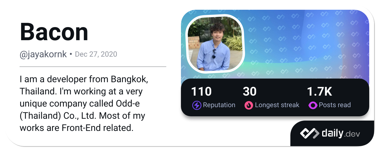 Recent posts by Bacon (@jayakornk) | daily.dev