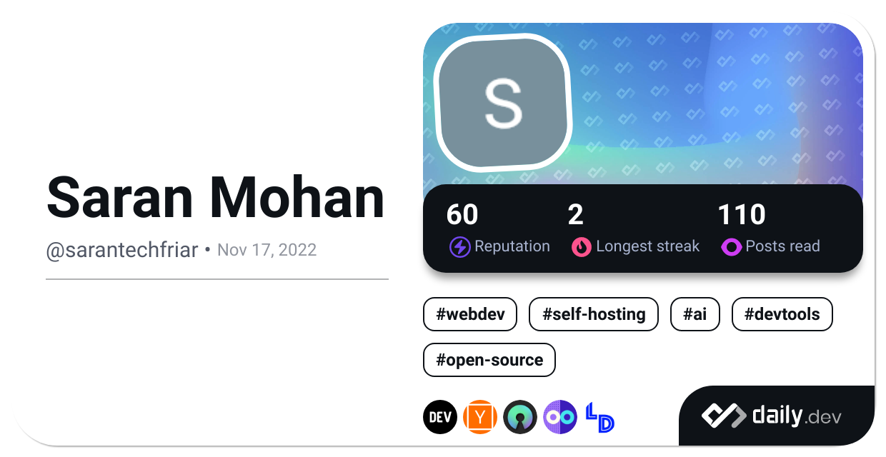 Saran Mohan (@sarantechfriar) | daily.dev