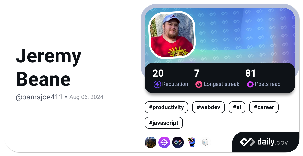 Jeremy Beane (@bamajoe411) | daily.dev