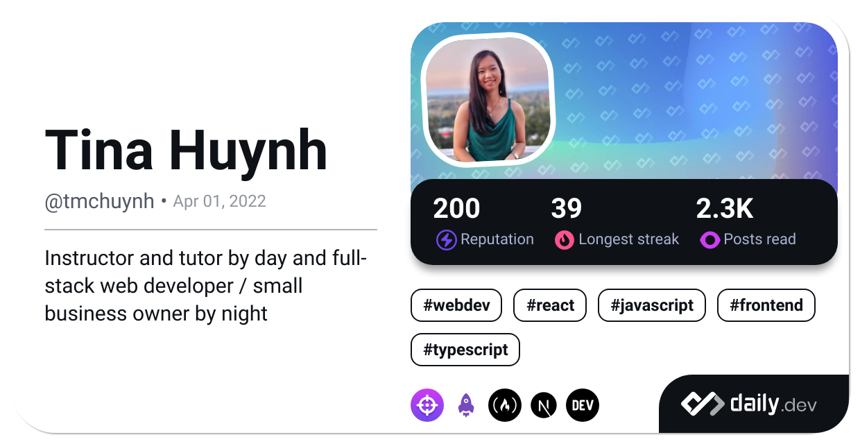 Recent posts by Tina Huynh (@tmchuynh) | daily.dev