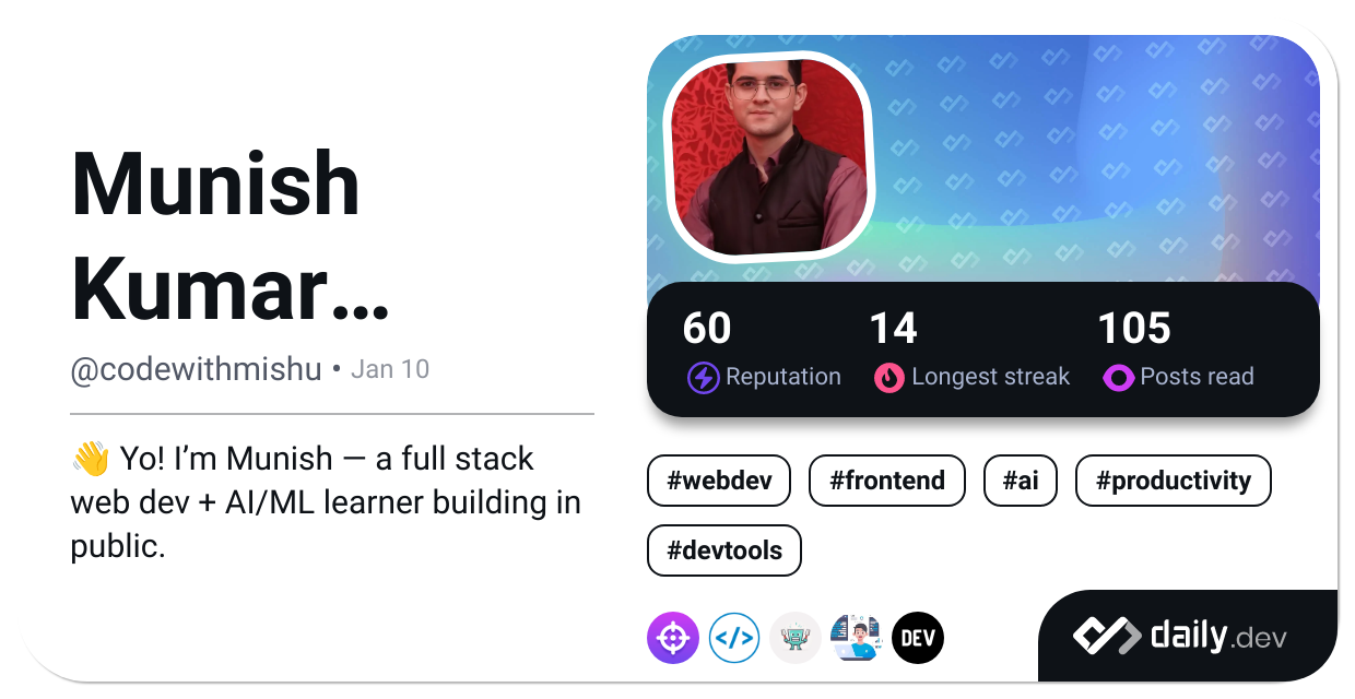 Munish Kumar Sharma (@codewithmishu) | daily.dev