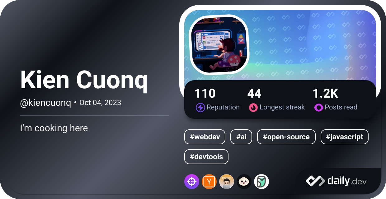 Recent posts by Kien Cuonq (@kiencuonq) | daily.dev