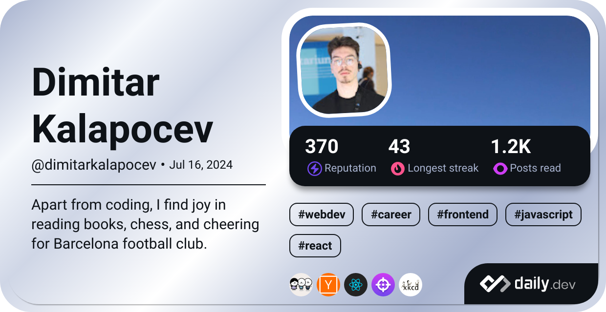 Recent posts by Dimitar Kalapocev (@dimitarkalapocev) | daily.dev