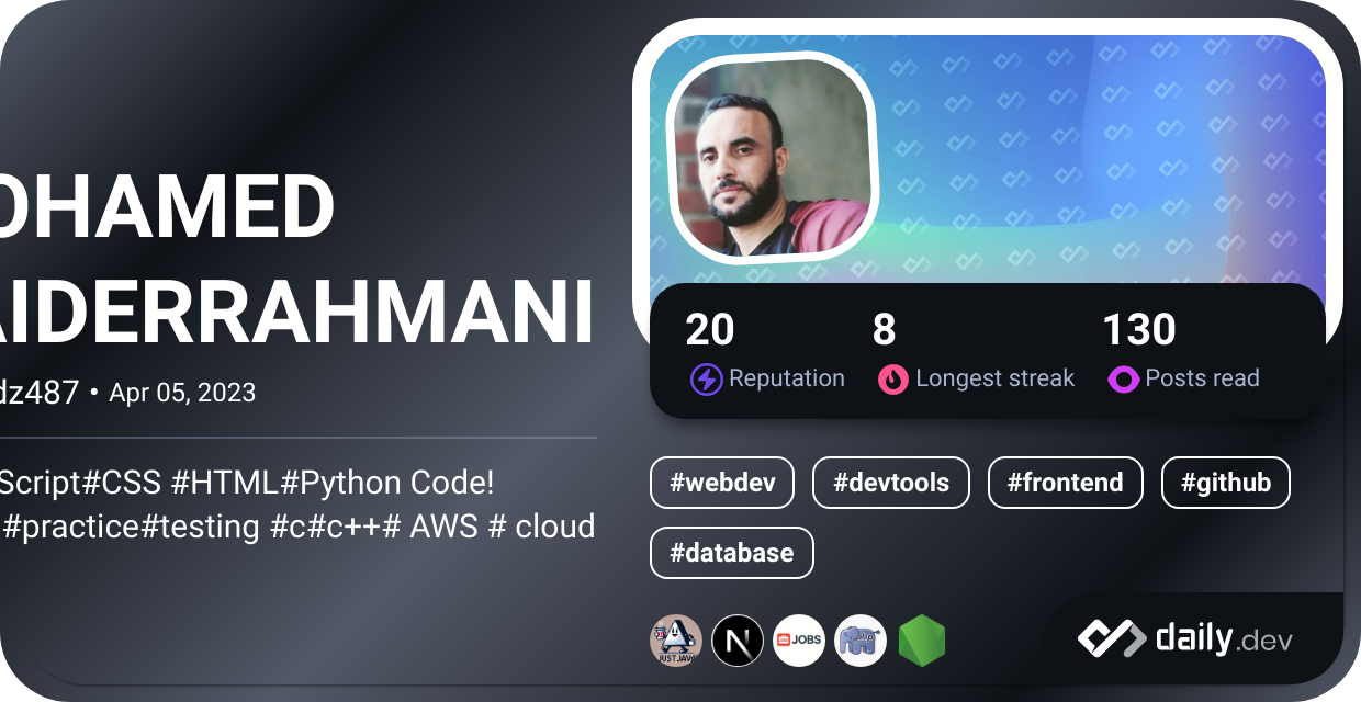MOHAMED SAIDERRAHMANI (@mohdz487) | daily.dev