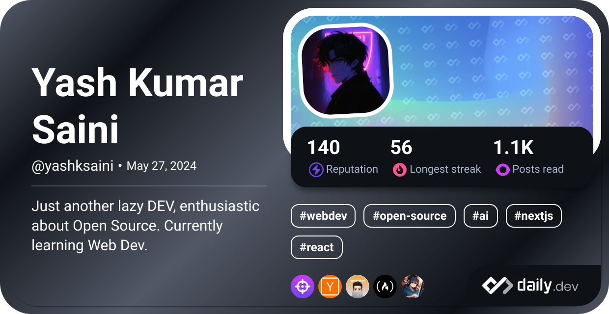 Yash Kumar Saini (@yashksaini) | daily.dev